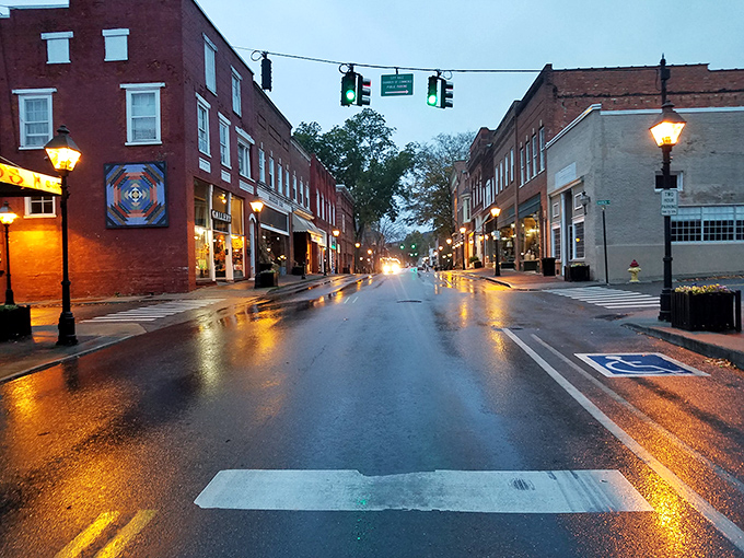 As twilight falls, Rogersville's downtown transforms into a scene straight out of a Hallmark movie, complete with glowing lampposts.