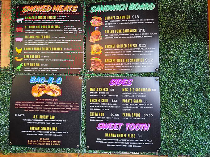 A menu that reads like barbecue poetry. Each option promises a different path to meat nirvana, with no wrong turns possible.