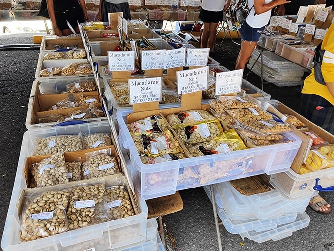 Macadamia nuts in every form imaginable &ndash; the swap meet's version of "Would you like that plain, roasted, honey-glazed, or chocolate-dipped?"