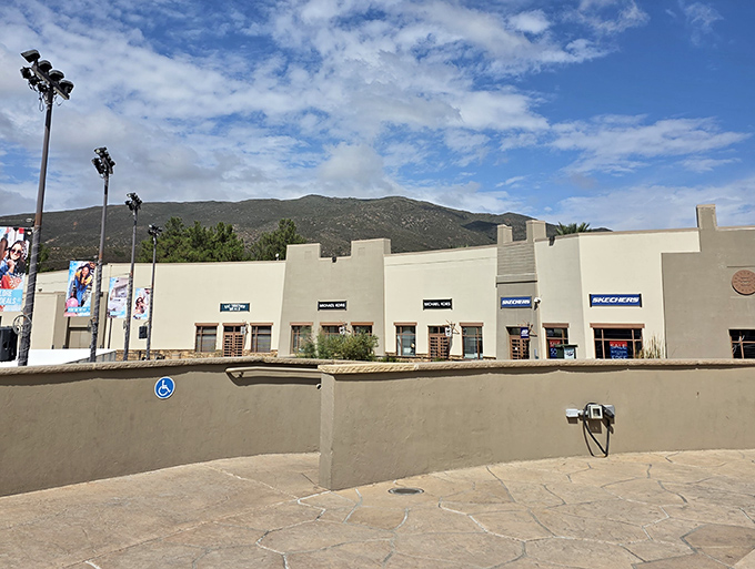 Earth-toned storefronts blend seamlessly with the mountain landscape, like nature and commerce decided to become roommates and surprisingly get along.