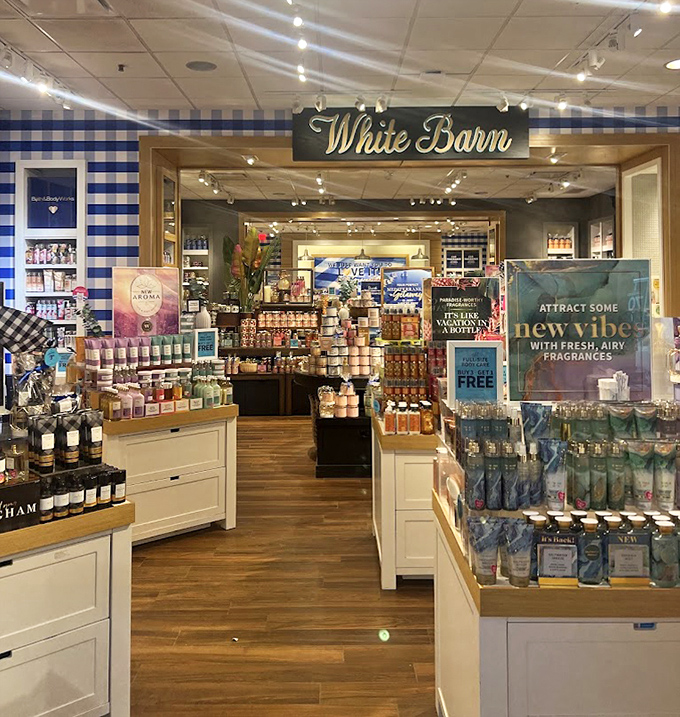 White Barn's signature blue gingham pattern practically pulls you inside where candles outnumber your willpower by substantial margins.