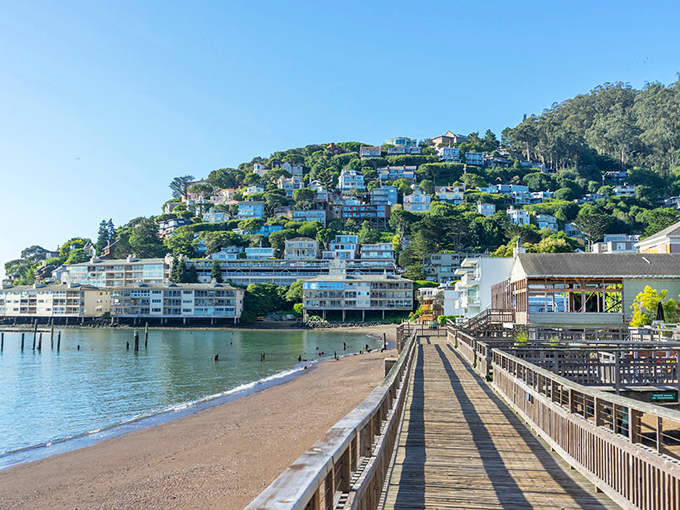 Sausalito Beach's wooden boardwalk invites leisurely strolls with views that make smartphone cameras work overtime.