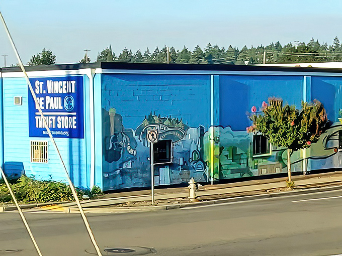 Check out this awesome mural! The St. Vincent de Paul Thrift Store in Tacoma is as vibrant and cool on the outside as the treasures are inside.