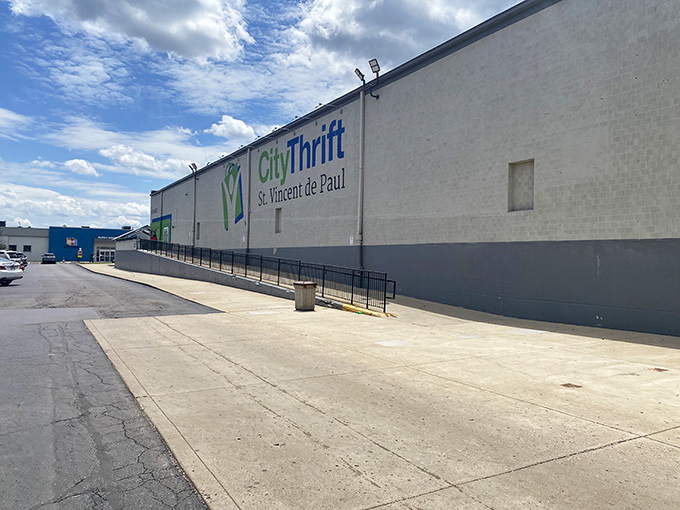 The side view reveals the true scale of this thrifting paradise. It's not just a store; it's an expedition waiting to happen.