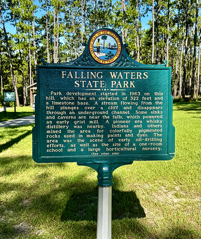 History carved in teal &ndash; this marker tells the tale of a park where water performs its greatest disappearing act since David Copperfield made the Statue of Liberty vanish.