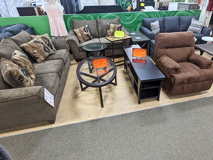 Living room sets arranged like a furniture showroom fever dream&mdash;complete with price tags that won't give you nightmares.