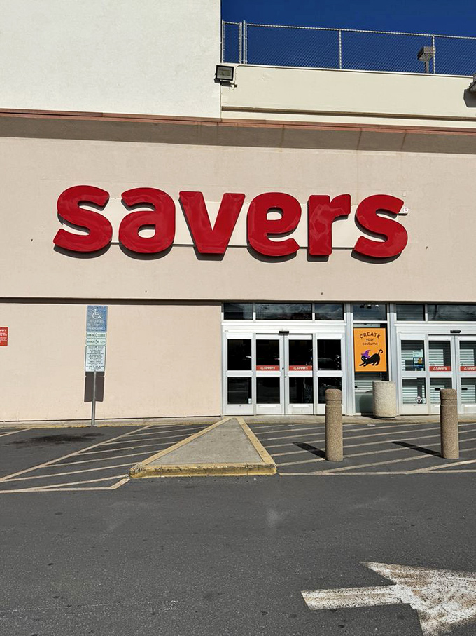 Bold red letters against cream-colored walls promise treasure hunting adventures that won't break the bank.