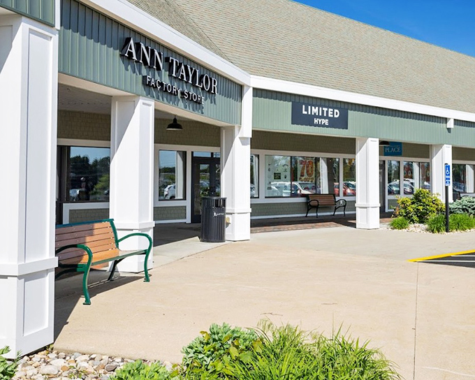 Ann Taylor and Limited storefronts offer a serene shopping experience with their clean lines and welcoming benches &ndash; retail therapy's waiting room.