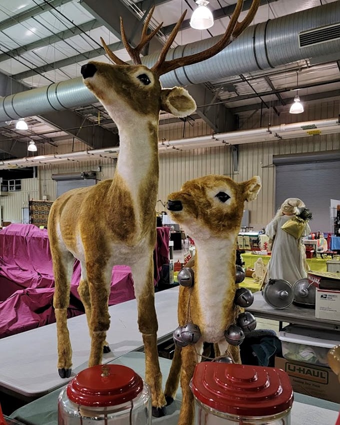 Bambi and friend have found their forever home atop vintage canisters. Nothing says "conversation piece" quite like taxidermy with jingle bells.