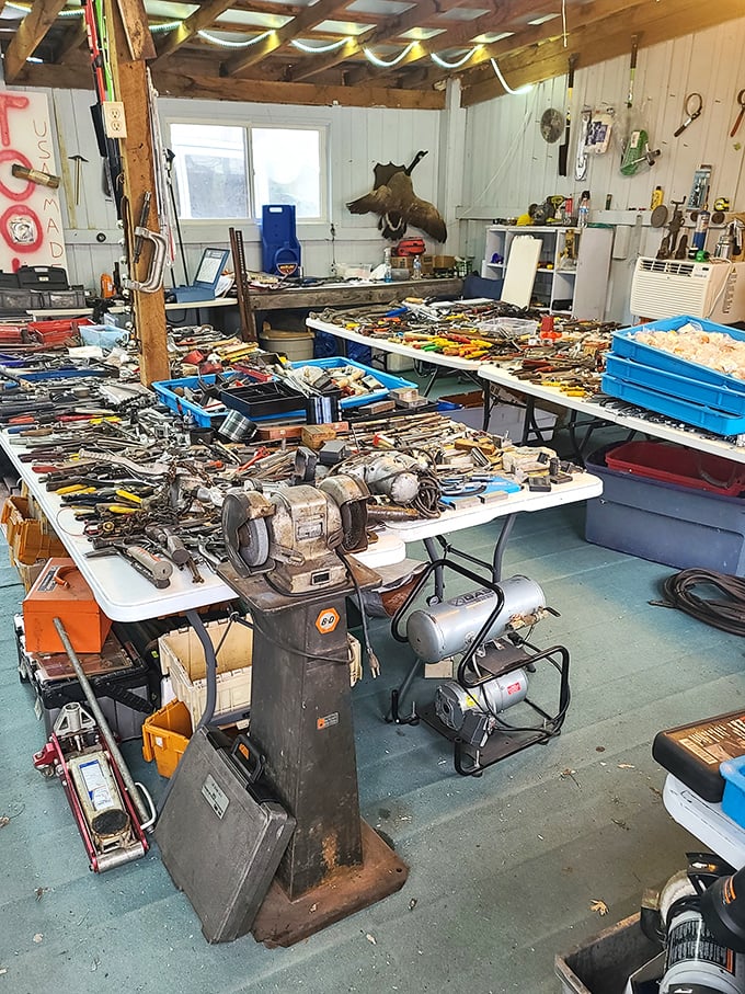 Tool paradise or hardware heaven? Tables groan under decades of American craftsmanship, where every wrench has a story to tell.