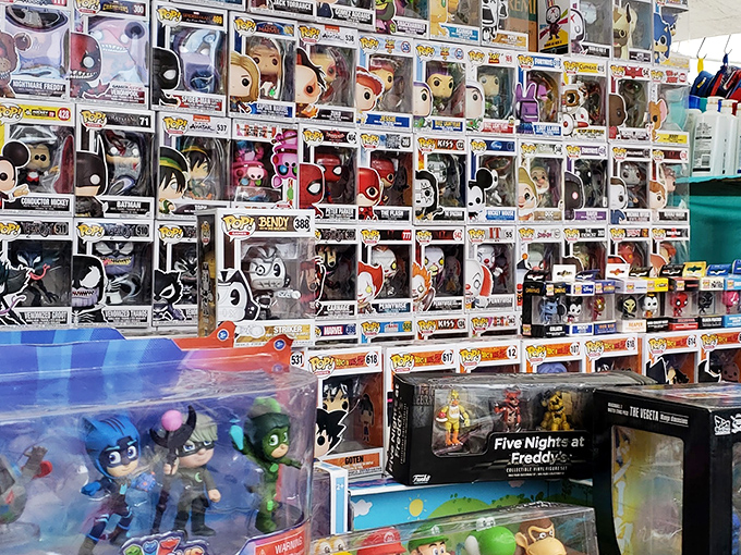 Pop culture heaven in plastic form. This wall of Funko Pop figures represents thousands of dollars in collectibles and twice as many childhood memories.