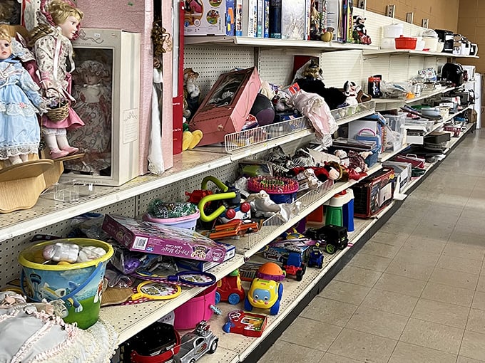 Porcelain faces stare expectantly from shelves packed with toys that once brought joy and are ready for encore performances.