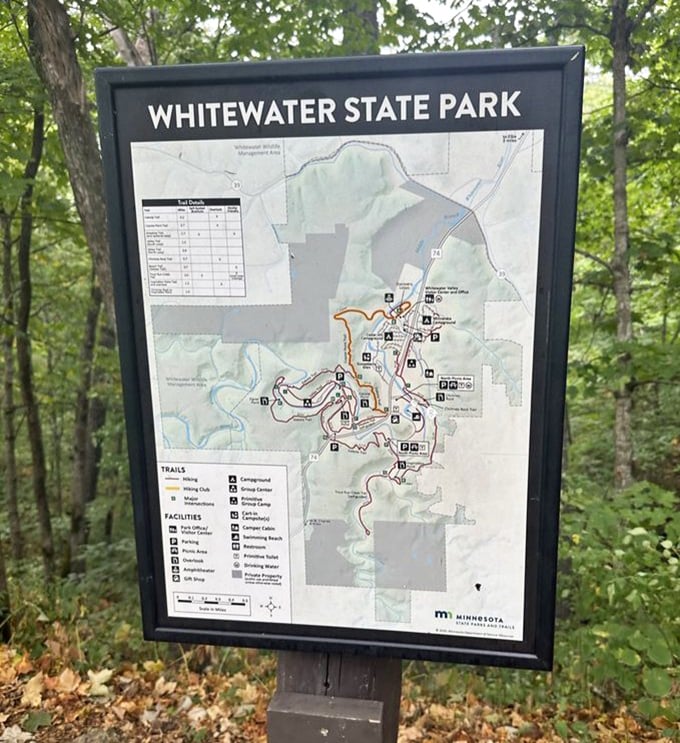 The treasure map to wilderness bliss! This trail guide at Whitewater State Park promises adventures that no smartphone app could ever deliver.