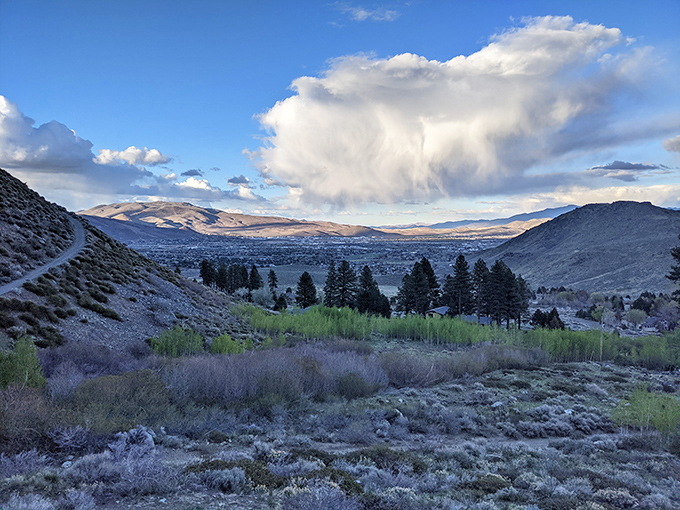 Carson City sprawls beneath dramatic clouds, reminding you that sometimes the best views come after the steepest climbs. Worth every labored breath.