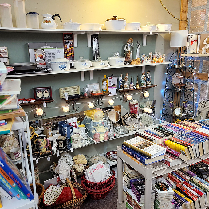 Shelves packed with vintage kitchenware, figurines, and books create a time-travel experience where every turn reveals someone's former treasure waiting to become yours.
