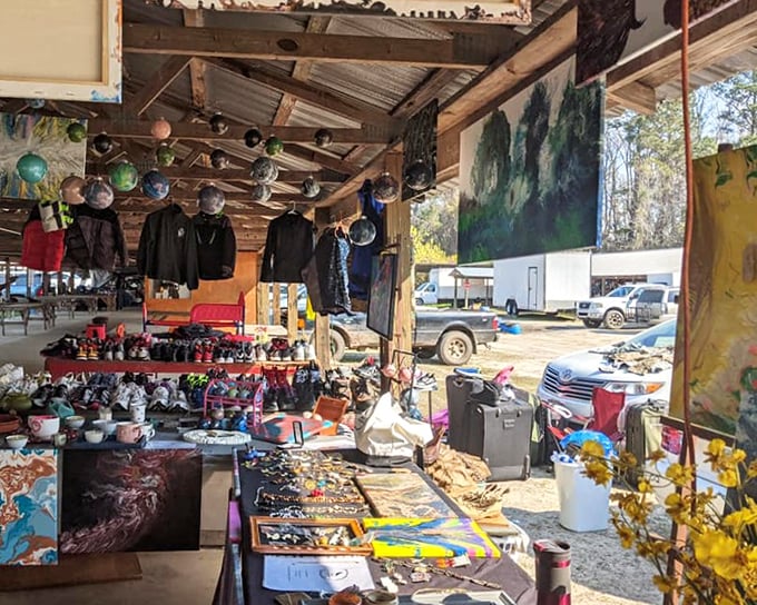 Eclectic outdoor stalls showcase everything from vintage sneakers to handcrafted jewelry, all beneath a humble tin roof.