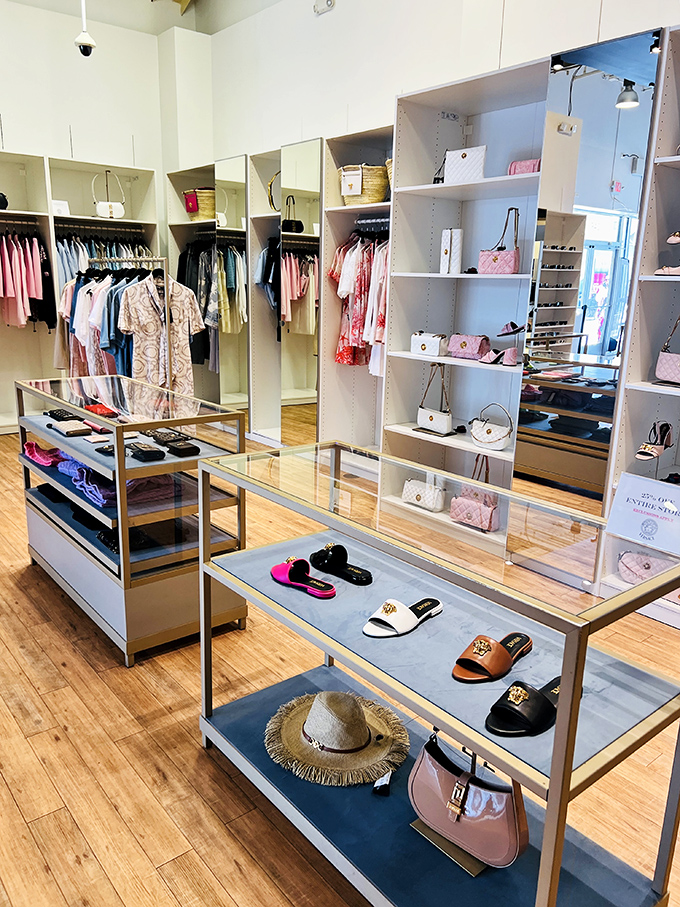 Designer dreams within reach! This boutique's elegant display of handbags and sandals proves luxury shopping doesn't require a second mortgage.