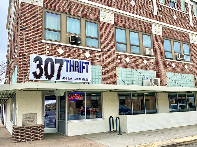 307 Thrift's bold blue sign welcomes bargain seekers. Named after Wyoming's area code, it's a local landmark for savvy shoppers.