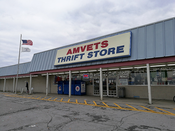 Stars, stripes, and second chances! AMVETS' sprawling thrift empire stands proudly under gray Buffalo skies, promising patriotic bargains for the budget-conscious explorer.