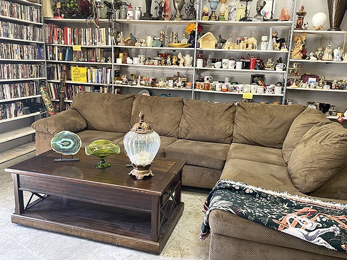 Finding cozy furniture and great decorative accents all in one spot! Ready to furnish a room with these unique treasures.