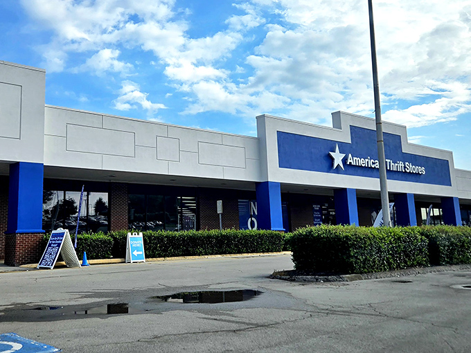 America's Thrift Store's clean blue and white exterior is like the gateway to a bargain hunter's paradise.