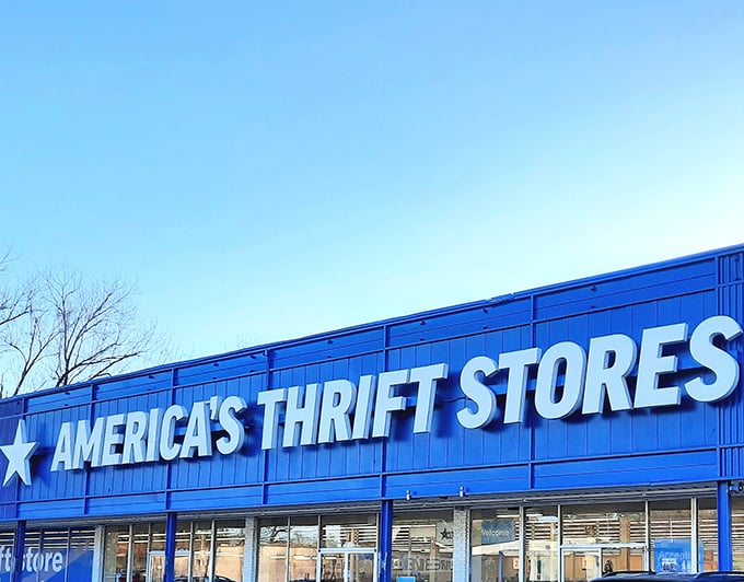 Blue as the Alabama sky, America's Thrift Store stands ready to welcome bargain hunters with open doors and color-coded racks.