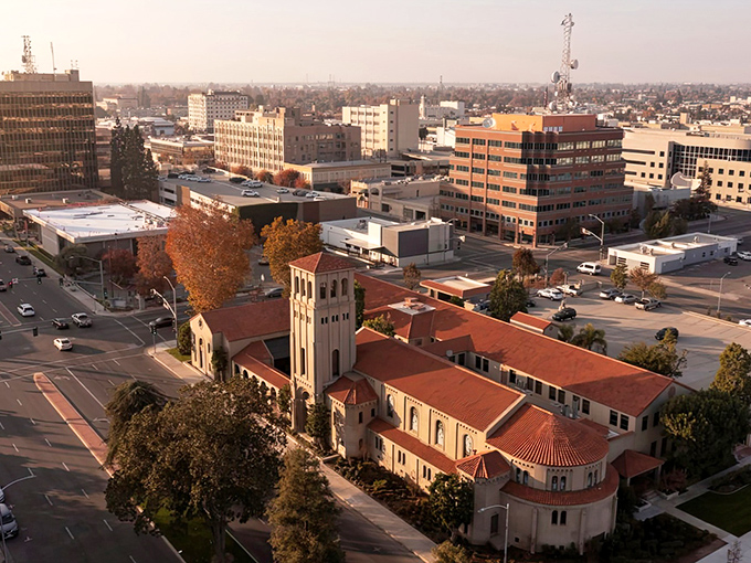 Bakersfield's downtown blends history and modernity, with the beautiful St. Mary's Church adding Spanish flair to the skyline.