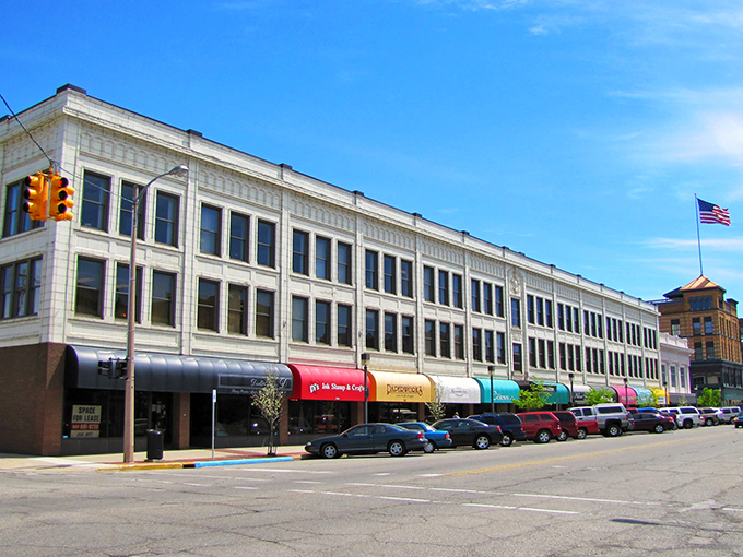 Bay City's downtown strip—where yesterday's architecture meets today's shopping adventures. These storefronts have witnessed a century of Michigan life!
