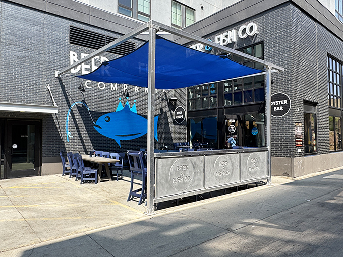 "Blue fish logo, outdoor seating, and the promise of cold beer&mdash;some combinations are just meant to be!"