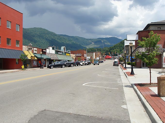 Big Stone Gap's colorful downtown stretches toward the mountains like a rainbow leading to treasure.
