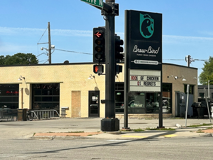 Brew Bird's sign says it all: "100% OF CHICKEN OR REGRETS." Spoiler alert: you'll have zero regrets.