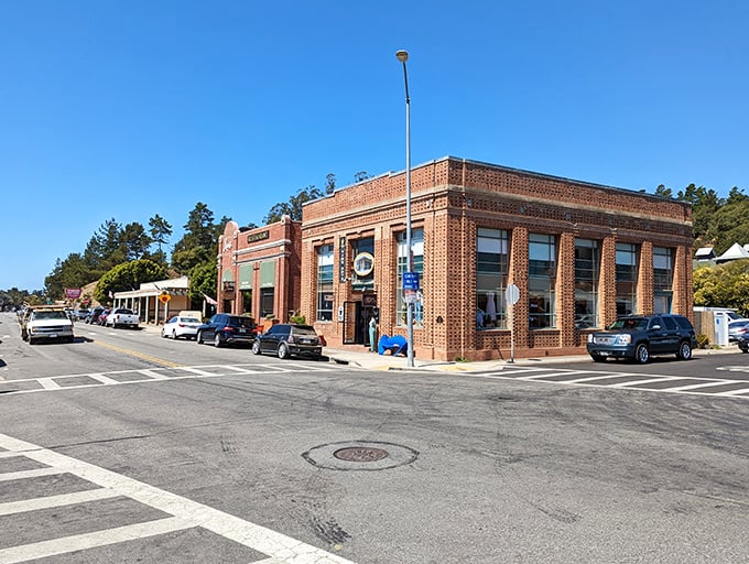Cambria's historic brick buildings stand proudly against the California sky, guardians of small-town charm in a fast-paced world.