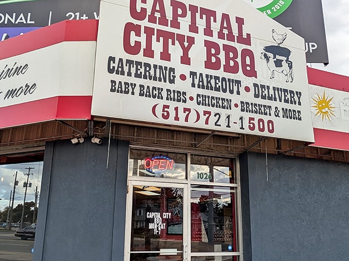 Capital City BBQ's storefront might be modest, but that sign promises a mighty trio &ndash; baby backs, chicken, and brisket that mean business.
