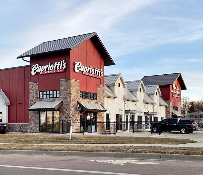 Red barn meets gourmet sandwich haven! This eye-catching building houses some seriously delicious creations that are worth pulling over for.