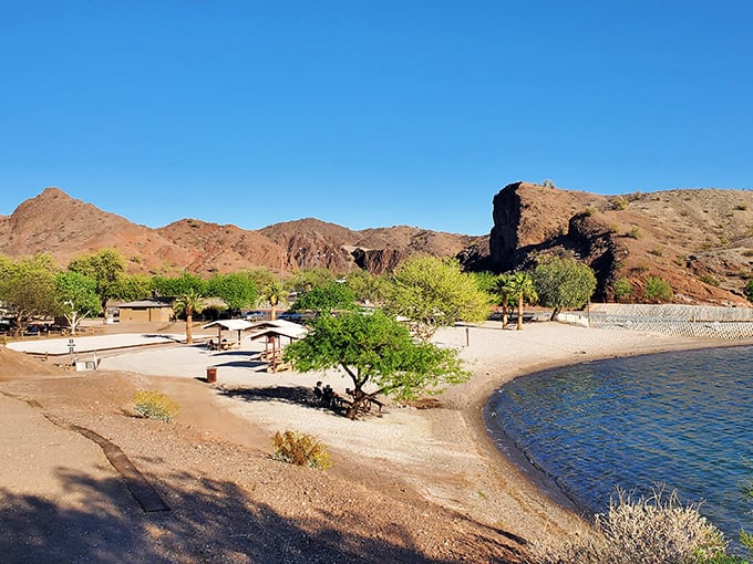 Desert meets water in a spectacular showdown at Cattail Cove. The beach beckons while mountains stand guard.