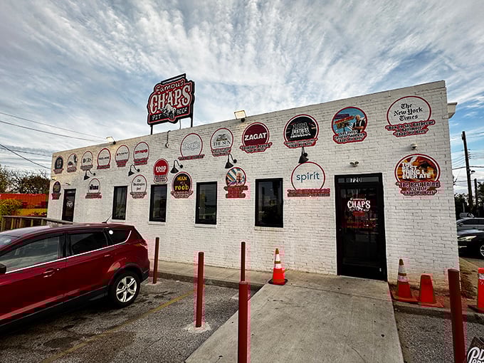Chaps Pit Beef's white-brick exterior proudly displays its many accolades. A Baltimore institution that's earned every award on that wall.