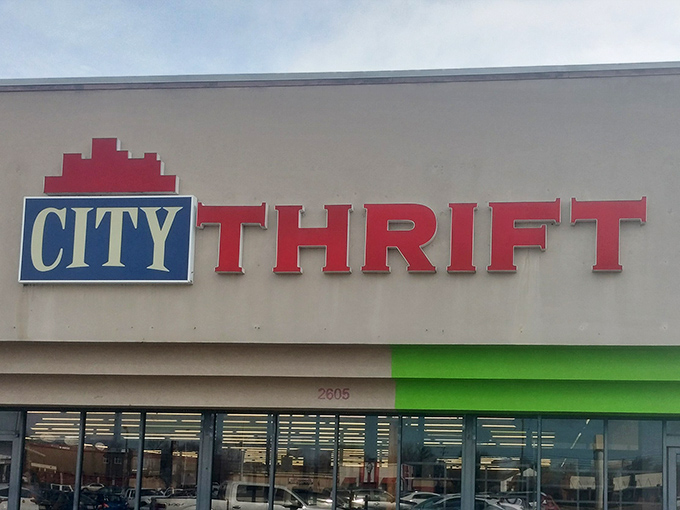 City Thrift's bold red and blue signage stands out like a patriotic call to bargain hunters. No fancy frills needed when the deals are this good!