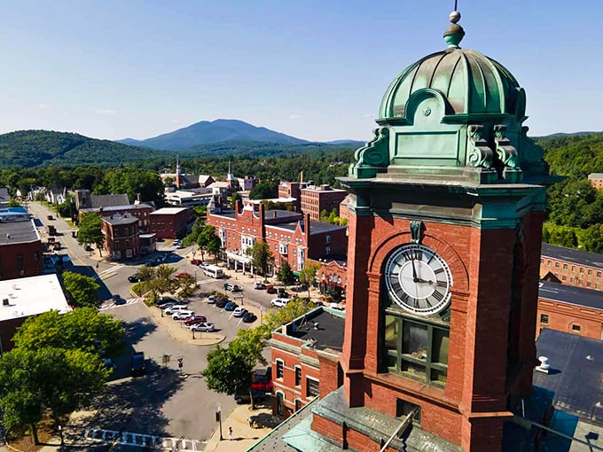 Claremont's impressive clock tower stands sentinel over downtown, with mountain views creating a postcard-perfect small town scene.