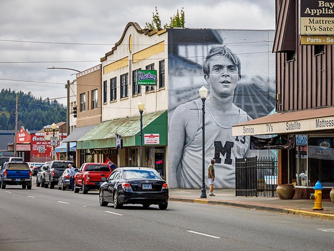 Coos Bay's downtown mural brings cinematic flair to this affordable coastal hub where culture doesn't cost a fortune.