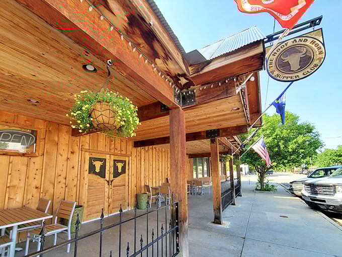 The Hoof & Horn's rustic wooden facade promises authentic Kansas dining. Those swinging doors lead to some serious steak satisfaction!