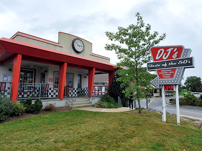 DJ's Taste of the 50's stands proud with its cherry-red facade and retro clock – a time capsule serving breakfast all day.