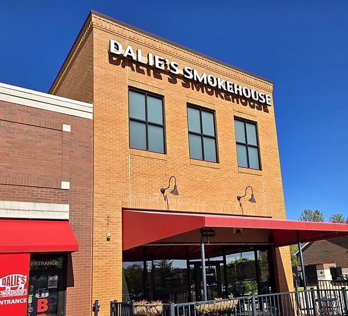 Dalie's Smokehouse stands proud with its brick facade and bold signage. Like finding a treasure chest of smoky goodness in suburban St. Louis!