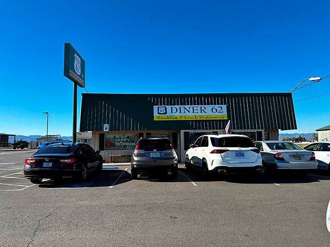 Diner 62 stands proudly against the blue Oregon sky, a roadside beacon for hungry travelers seeking breakfast salvation.