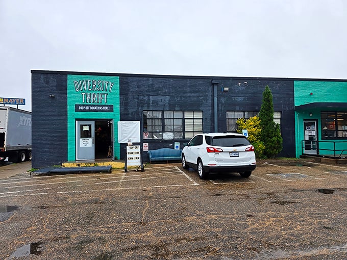 Teal dreams and thrifty schemes! Diversity Thrift's bold exterior promises unique finds inside this Richmond gem, even on the dreariest of days.