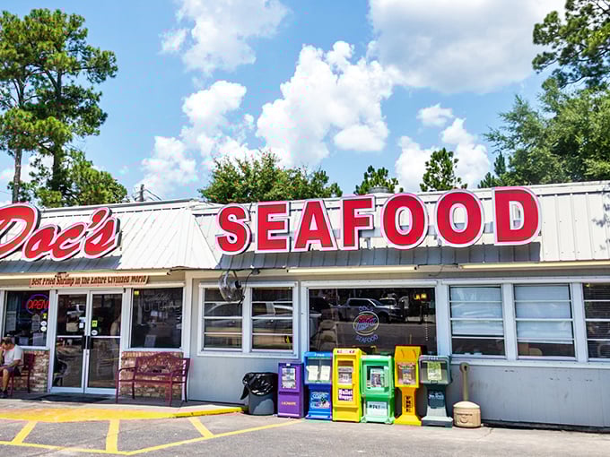 Doc's Seafood Shack & Oyster Bar bold red lettering against the white building is like a neon billboard for your taste buds. Simple, direct, delicious!