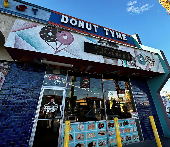 Blue-tiled wonderland where cartoon donuts dance! Donut Tyme's vibrant facade is like stepping into a sugar-fueled dream sequence from your favorite Saturday morning cartoon.