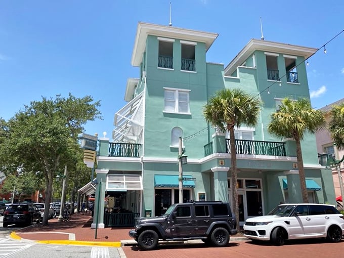 This mint-green beauty in Celebration looks like it was plucked straight from a storybook town where pancakes are always perfect.