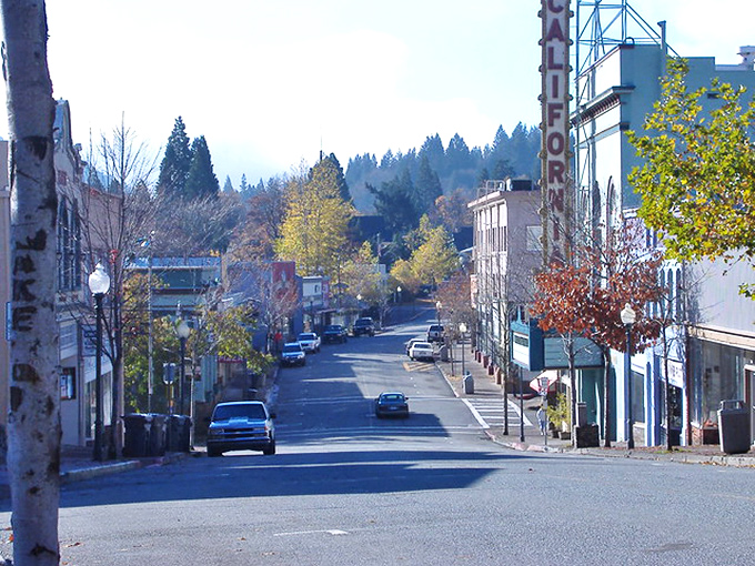 Dunsmuir's downtown feels frozen in time, with the California Theater sign standing watch over generations of mountain memories.