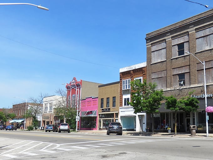 Small-town America at its finest - colorful storefronts that remind you of Saturday Evening Post covers.