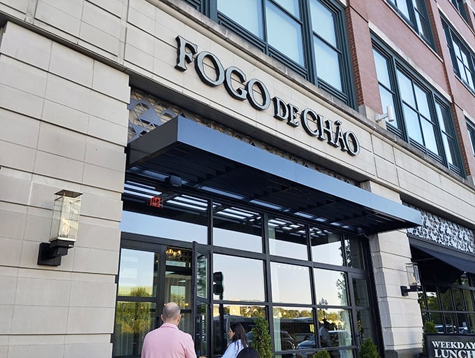 Fogo de Ch&atilde;o's sleek entrance stands ready to welcome you into a meat lover's paradise of Brazilian proportions.